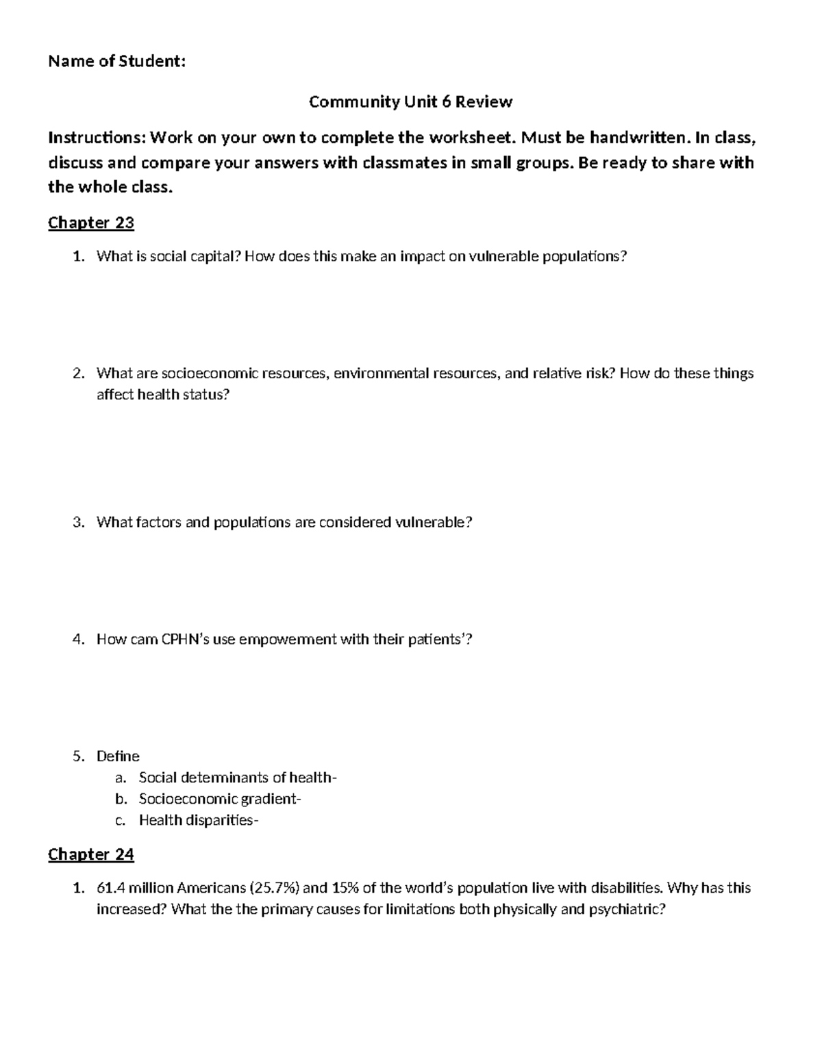 Unit 6 Review Worksheet: Community Health Concepts & Issues - Studocu
