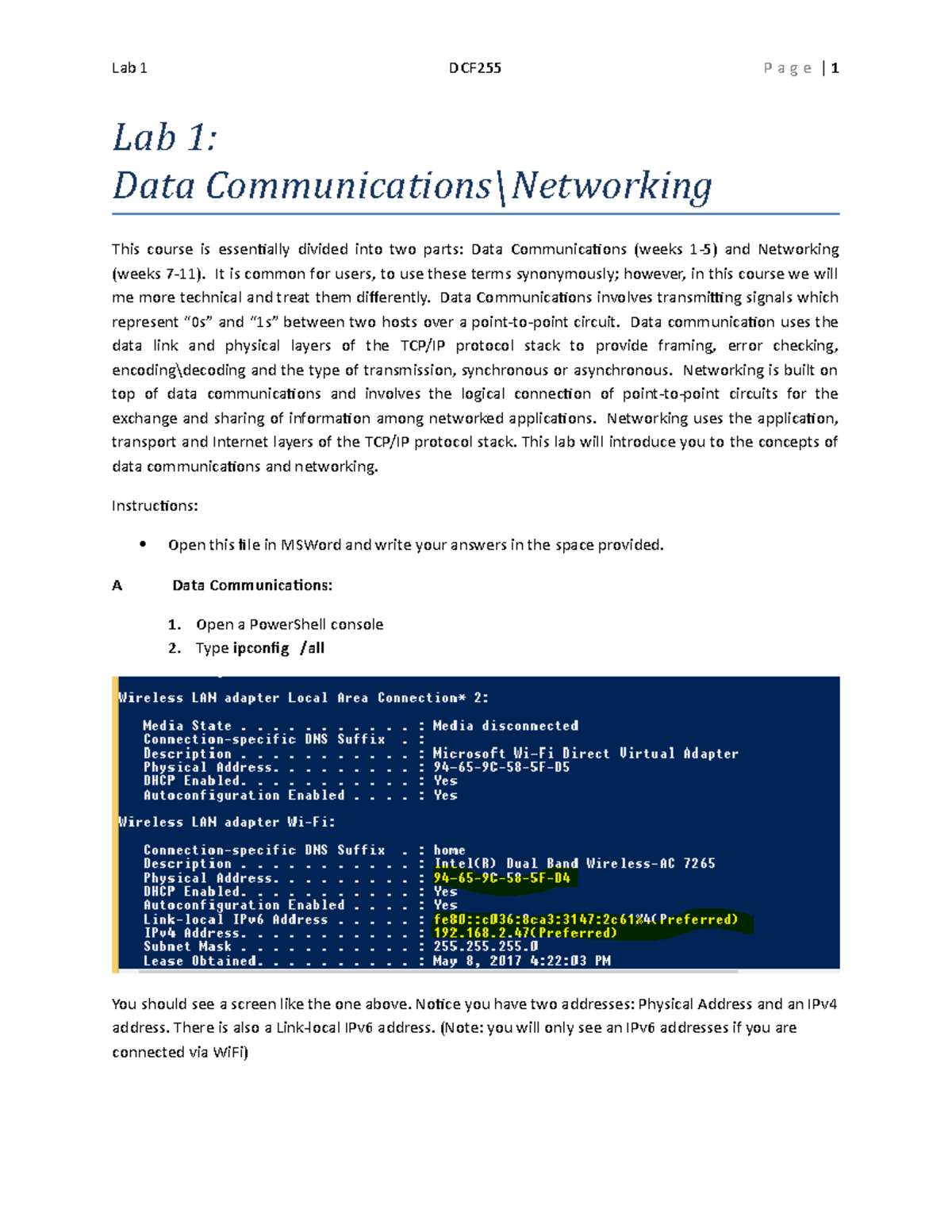 Lab1 Data Comm Networing Overview-S2020 - Lab 1: Data Communications ...