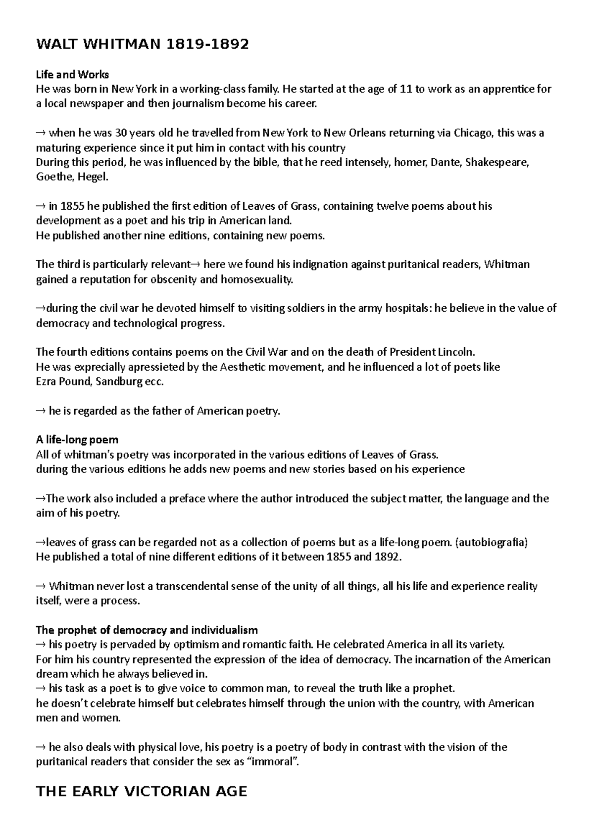 WALT Whitman: Summary of Life, Works & Influence on Poetry - Studocu