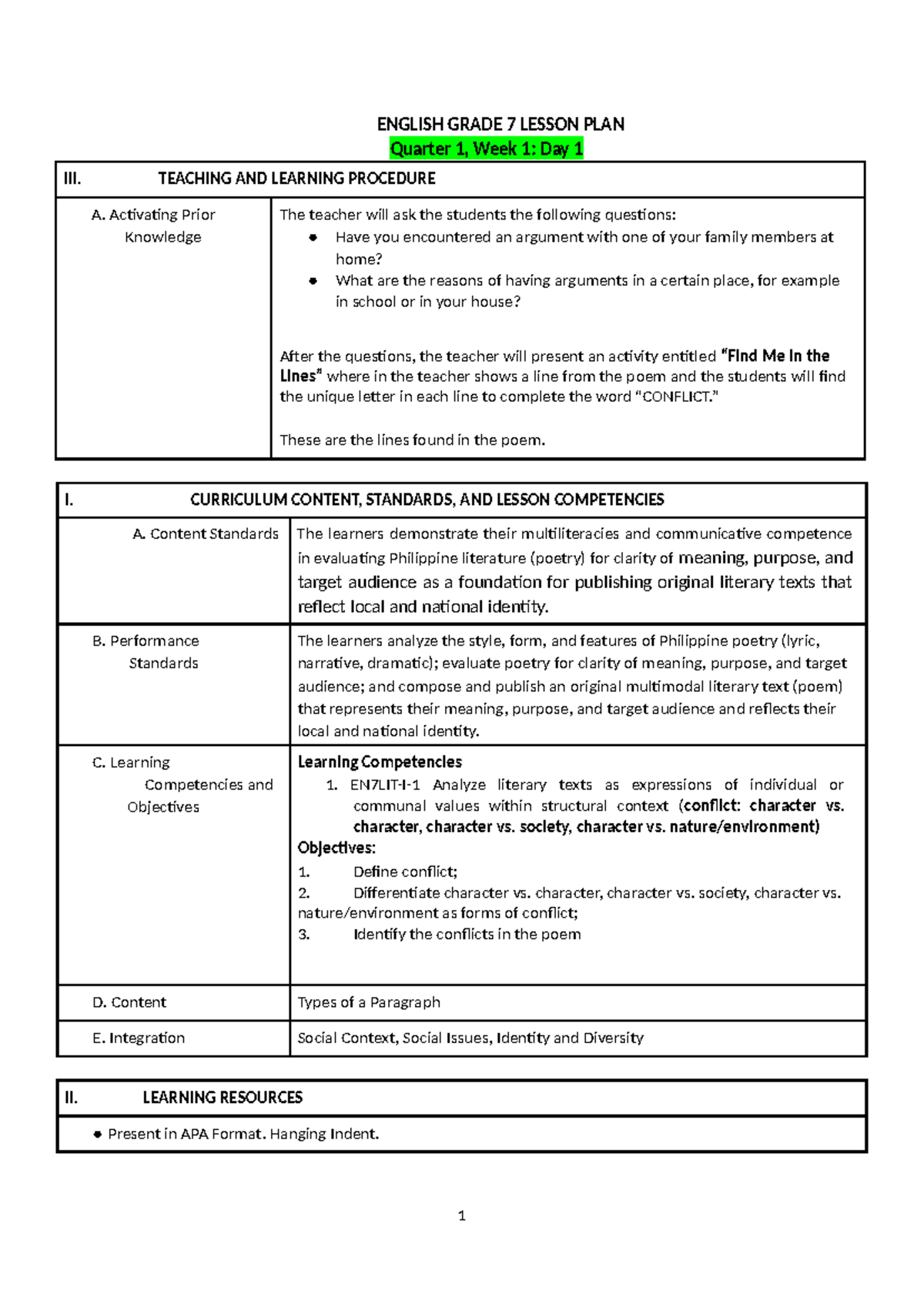 ENGLISH GRADE 7 LESSON PLAN: Quarter 1, Week 1 - Conflict in Poetry ...