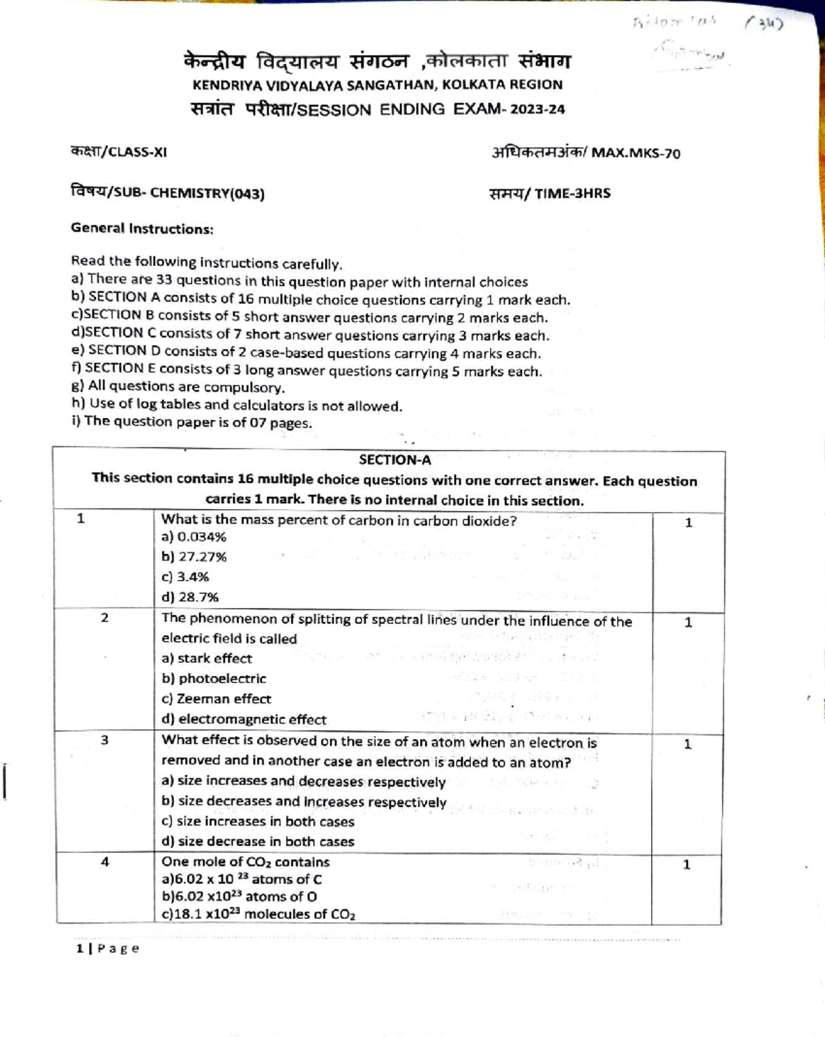 Class 11 Chemistry (043) Final Exam Question Paper - Studocu