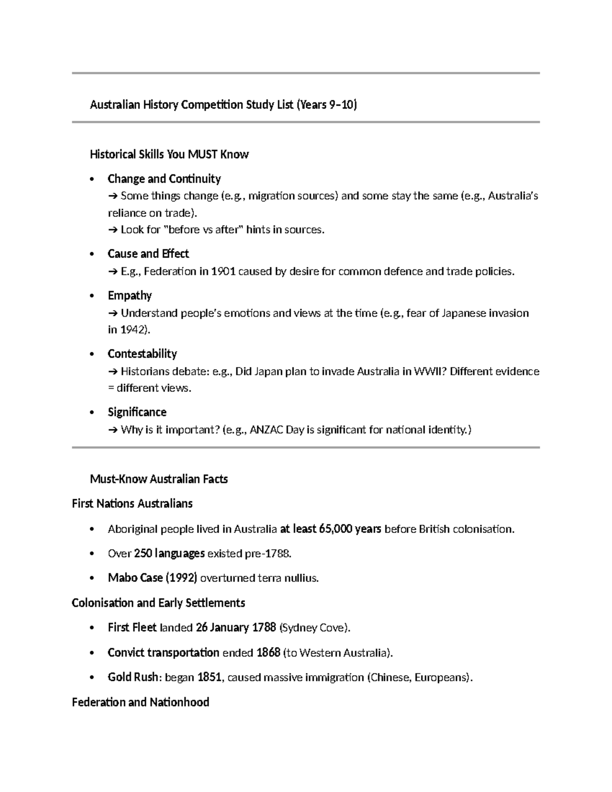 Australian History Competition Study Notes: Key Skills & Facts - Studocu