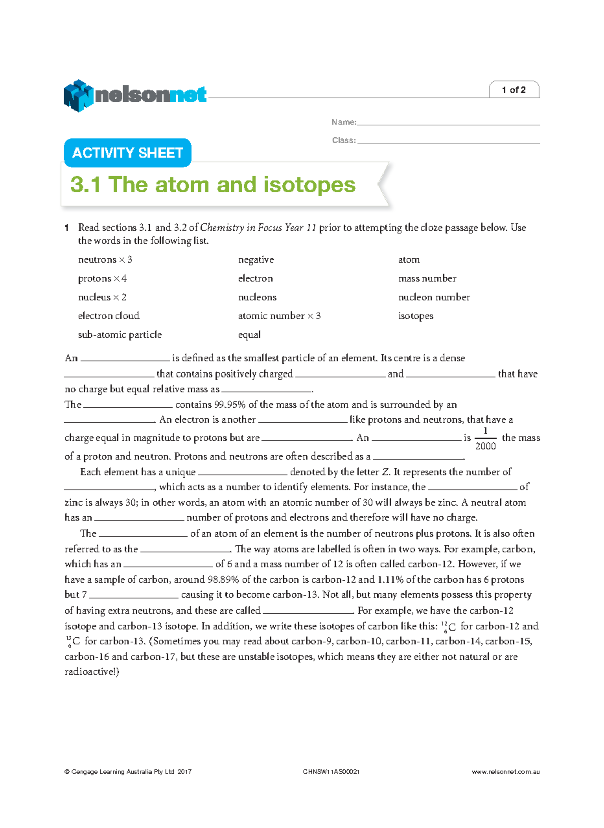 Chemistry Year 11: Atom and Isotopes Overview and Activities - Studocu