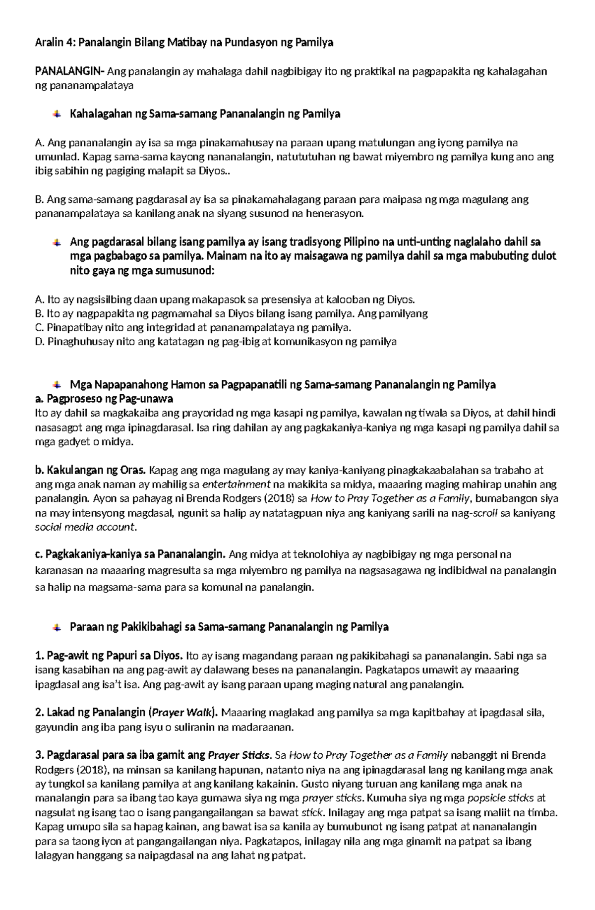 Aralin 4: Panalangin at Kahalagahan ng Pagsasama ng Pamilya - Studocu