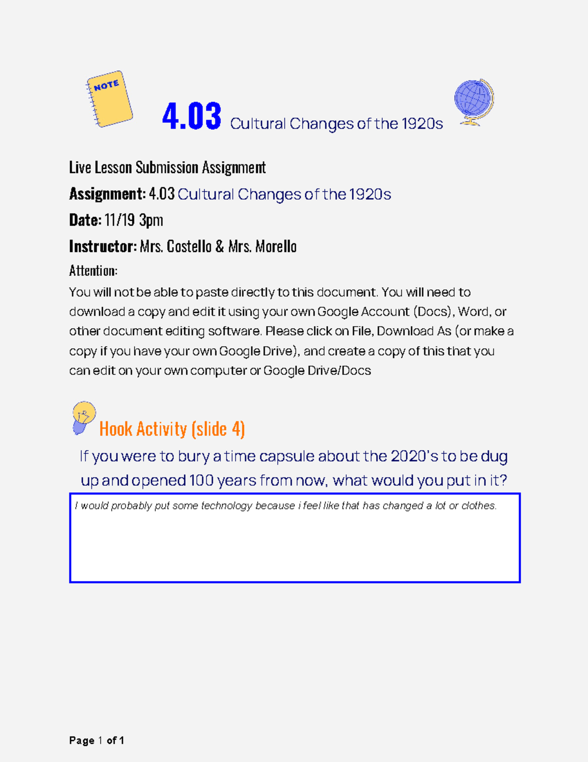 Cultural Changes of the 1920s - Live Lesson 4.03 Submission - Studocu