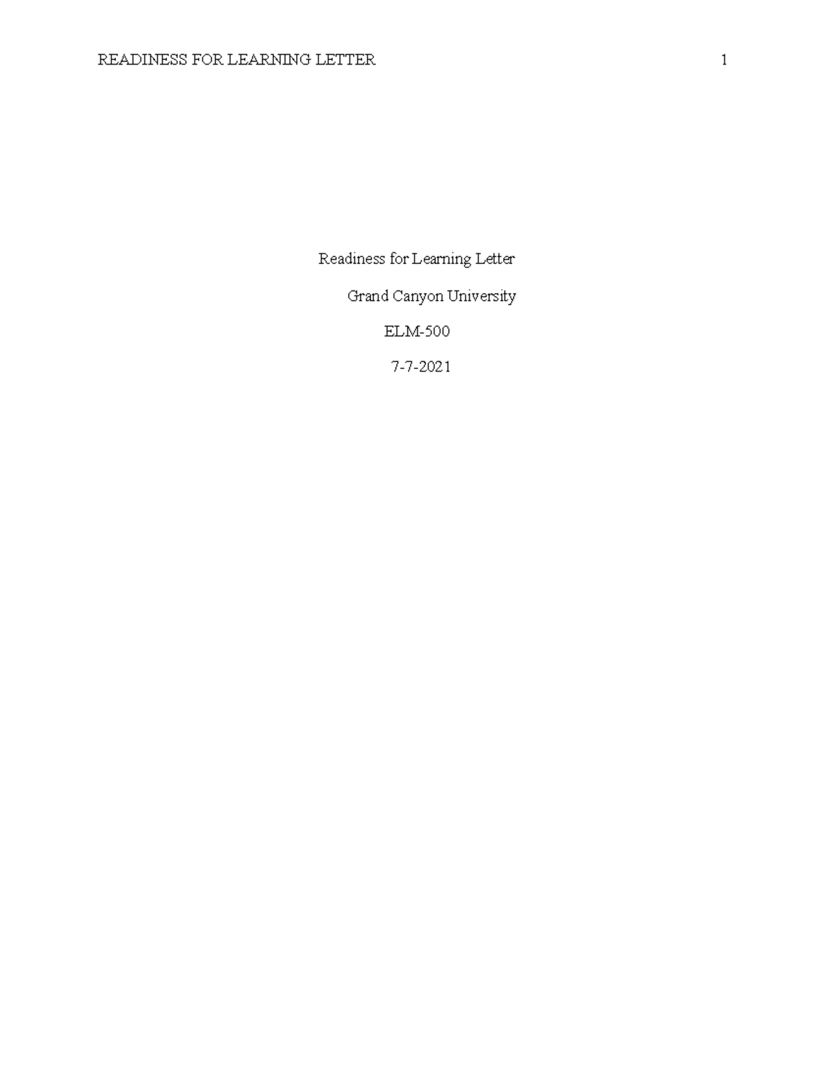 ELM500 Readiness for Learning Letter to First Grade Parents - Studocu