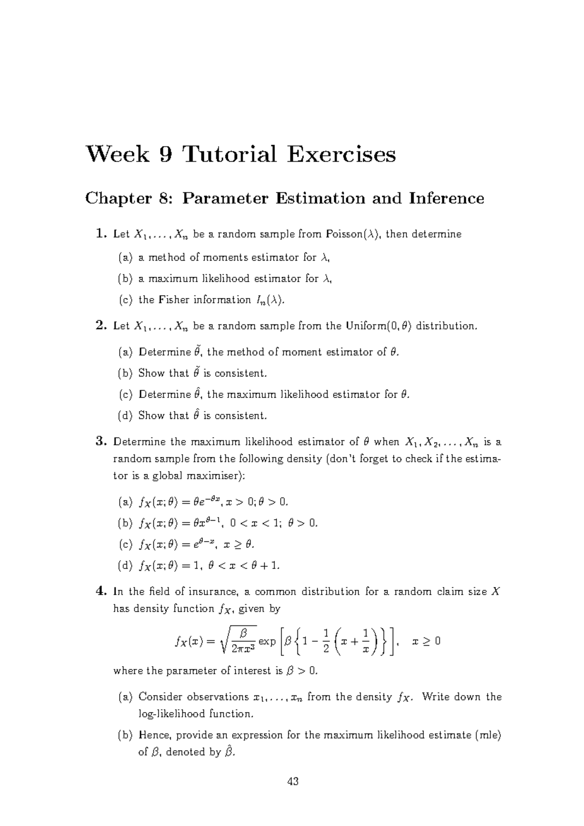 Week 9 Tutorial Questions: Parameter Estimation & Inference - Studocu
