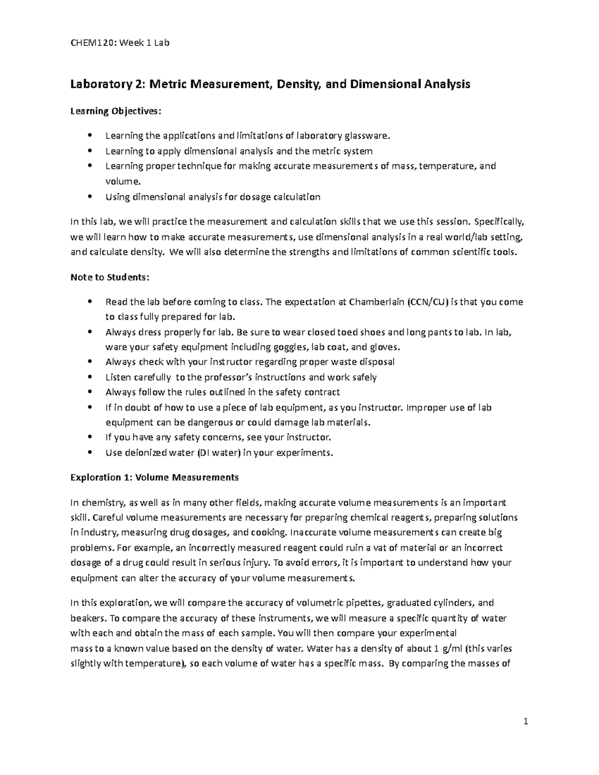 CHEM120: Lab 2 - Metric Measurement, Density & Dimensional Analysis ...