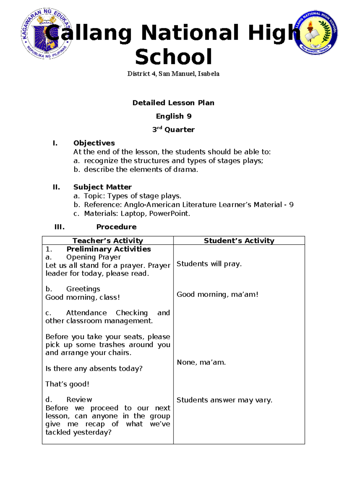 DLP English 9: Types of Stage Plays - Detailed Lesson Plan - Studocu