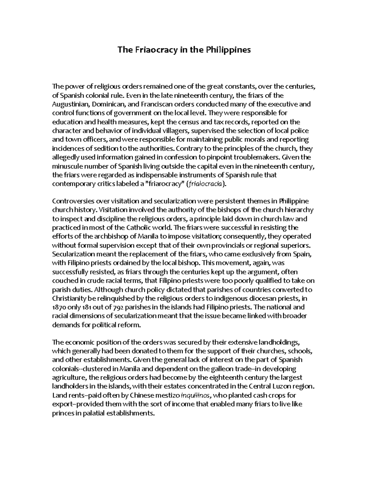 Frailocracy in the Philippines: Power Dynamics & Colonial Impact - Studocu