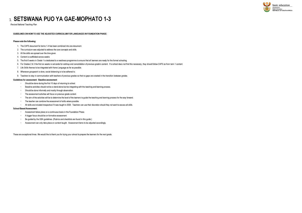 Setswana HL ATP Revised Guidelines for Grades 1-3 Curriculum - Studocu