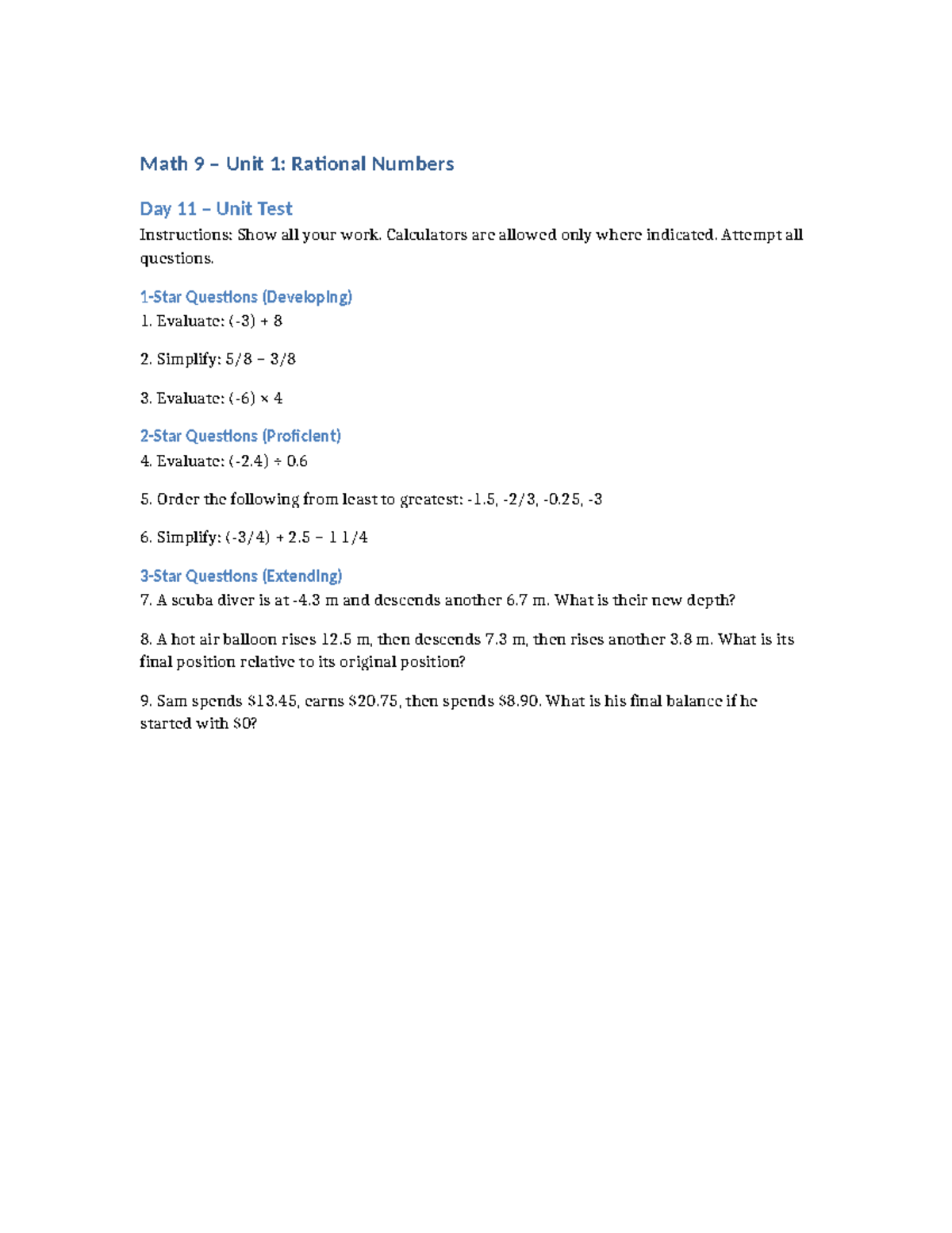 Math 9 Unit 1: Day 11 Rational Numbers Unit Test Instructions - Studocu