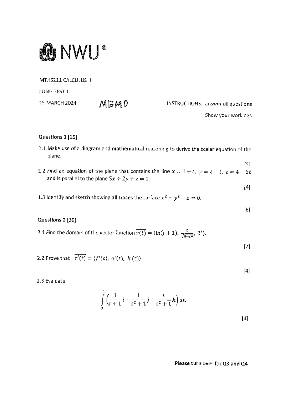 MTHS211 Calculus II Long Test 1 Memo March 15, 2024 - Studocu