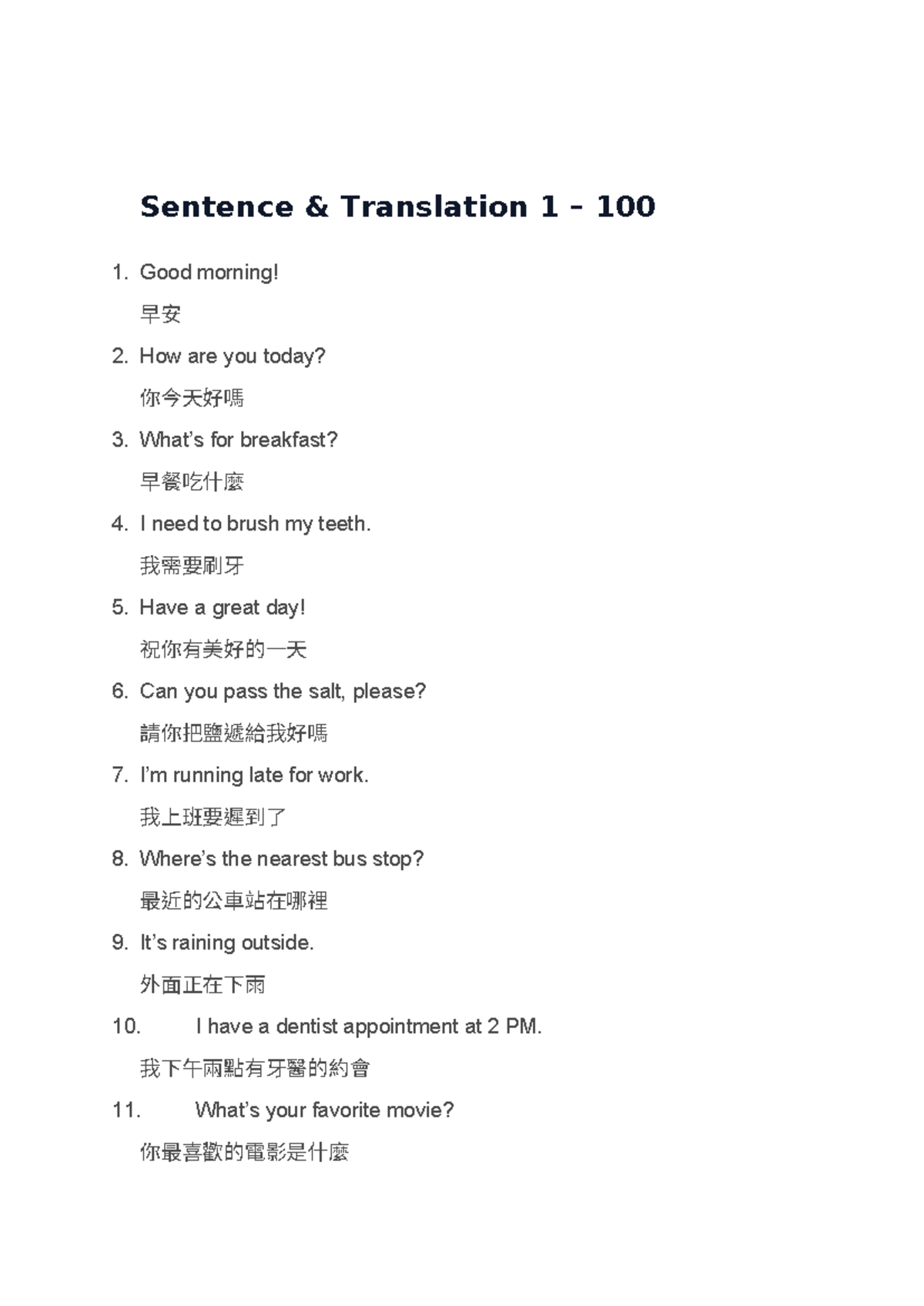 Sentence Translation 1: Common Phrases in English and Chinese - Studocu