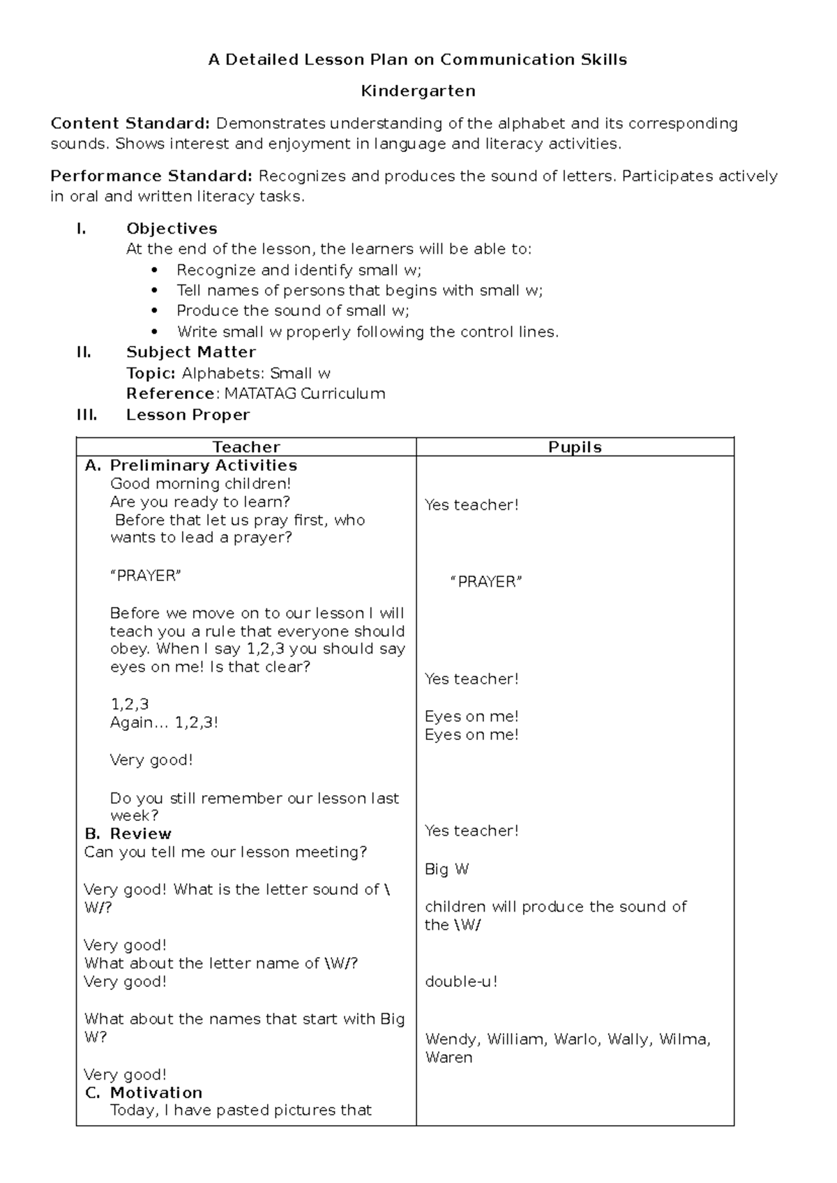 Small w DLP: Comprehensive Lesson Plan on Communication Skills - Studocu