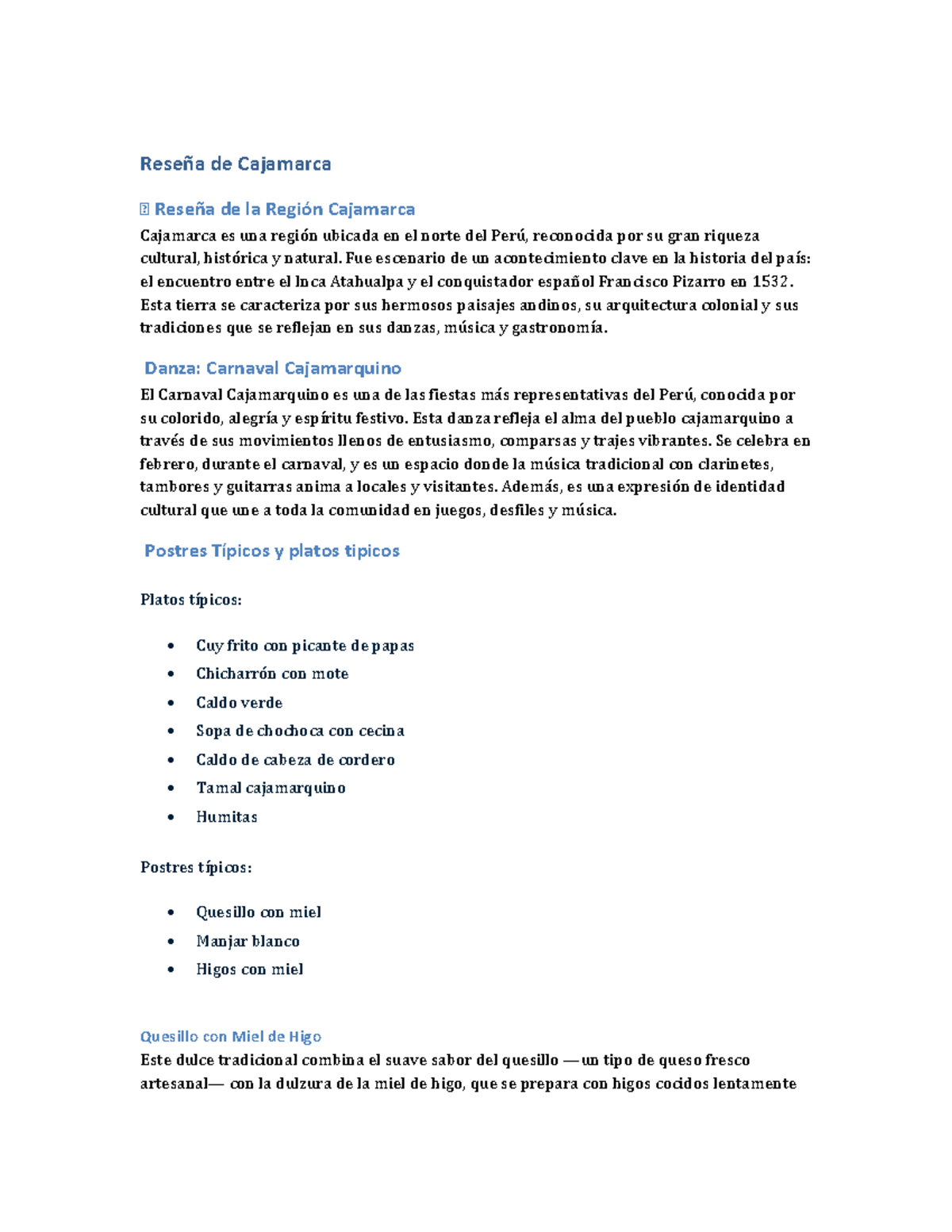 Reseña Cultural y Gastronómica de Cajamarca - Studocu