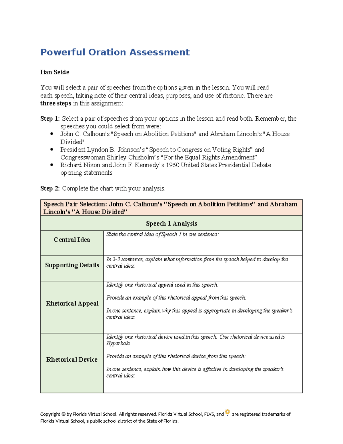 04 02 Powerful Oration Assessment - Speech Analysis Guide - Studocu