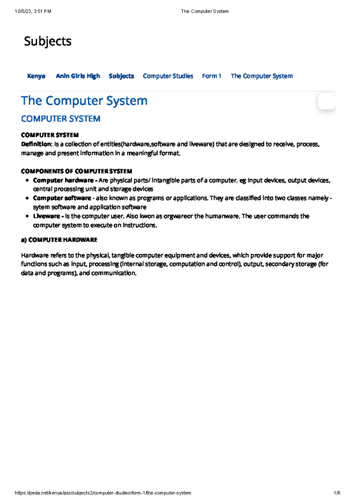 4: The Computer System - Comprehensive Notes for Computer Studies Form ...