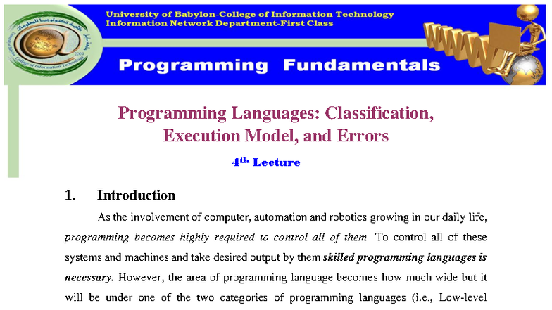 Programming Fundamentals (CS101) Lecture: Assembly Language Overview and Errors - Studocu