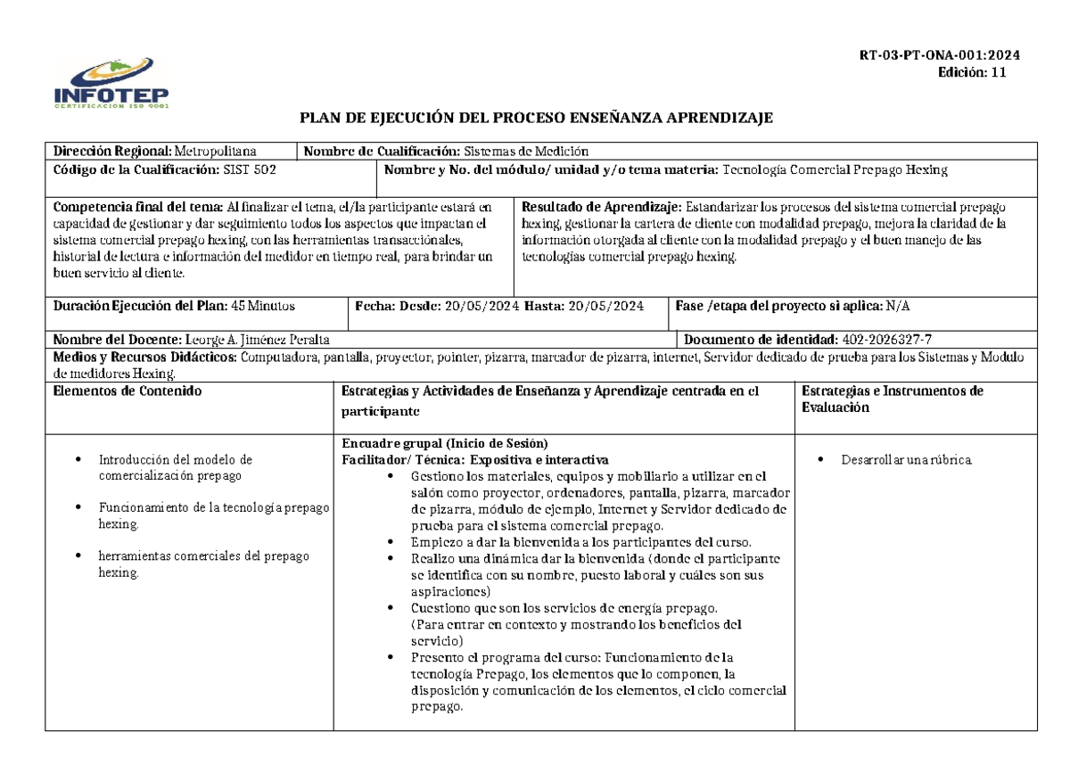 Plan de Ejecución del Proceso de Enseñanza Aprendizaje - SIST 502 - Studocu