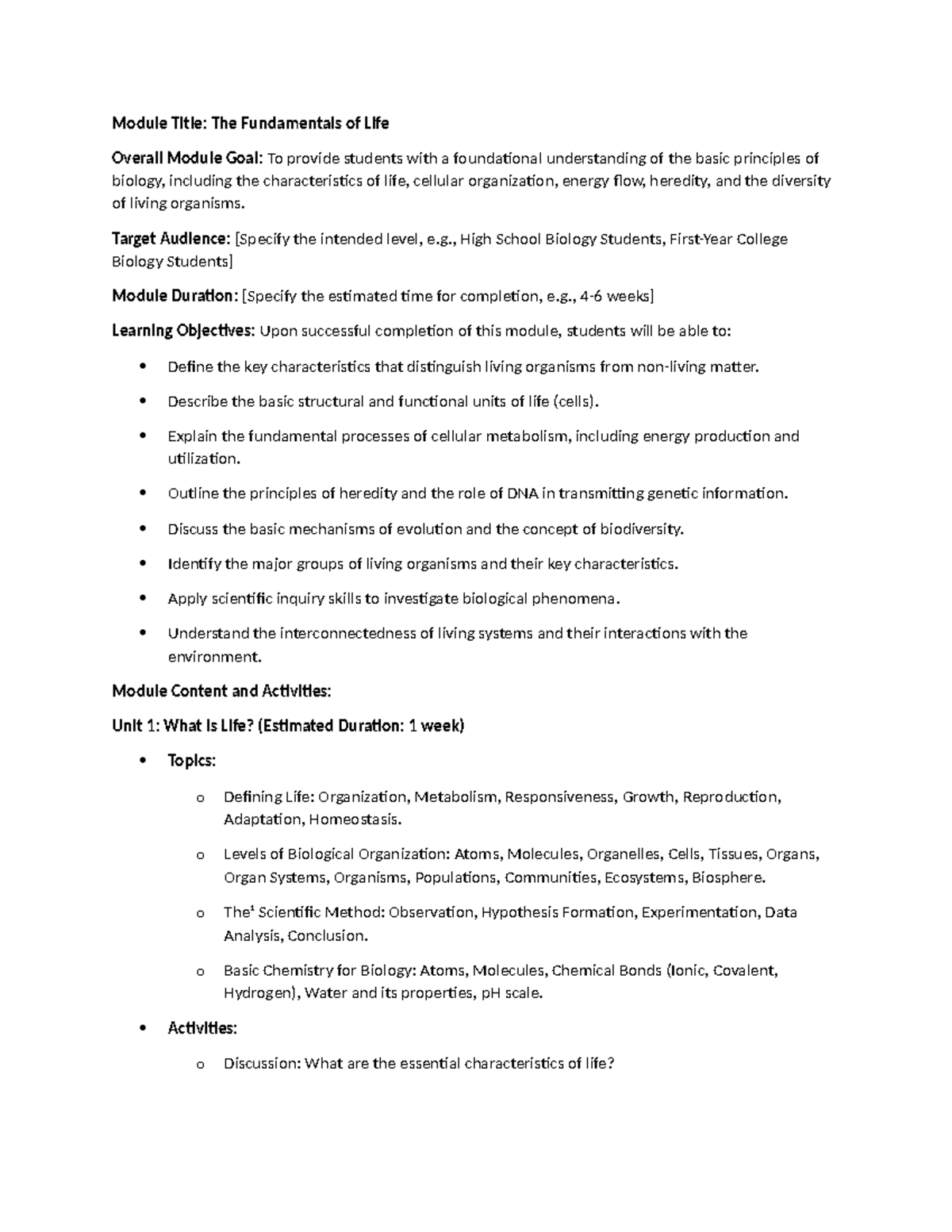 Biology 101: Fundamentals of Life Module Overview and Objectives - Studocu