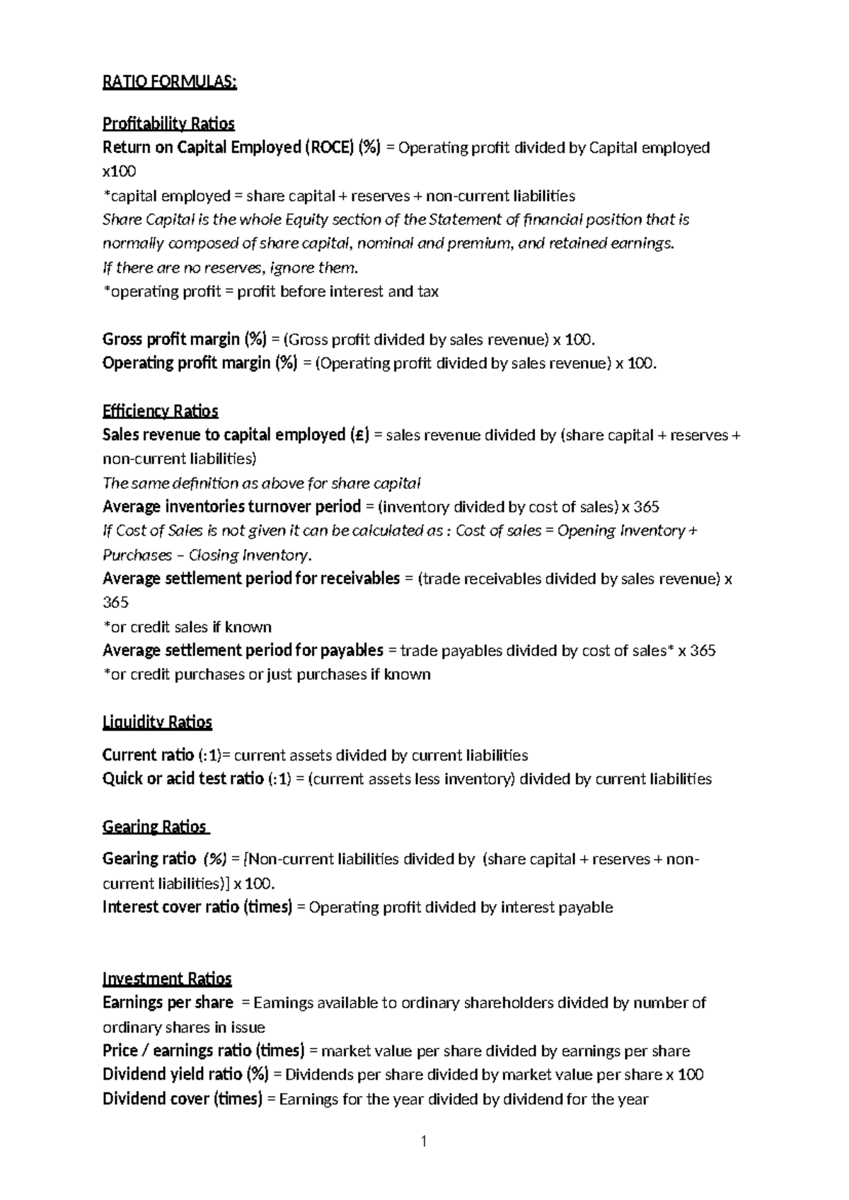 RATIO FORMULAS: Key Profitability & Efficiency Ratios Explained - Studocu