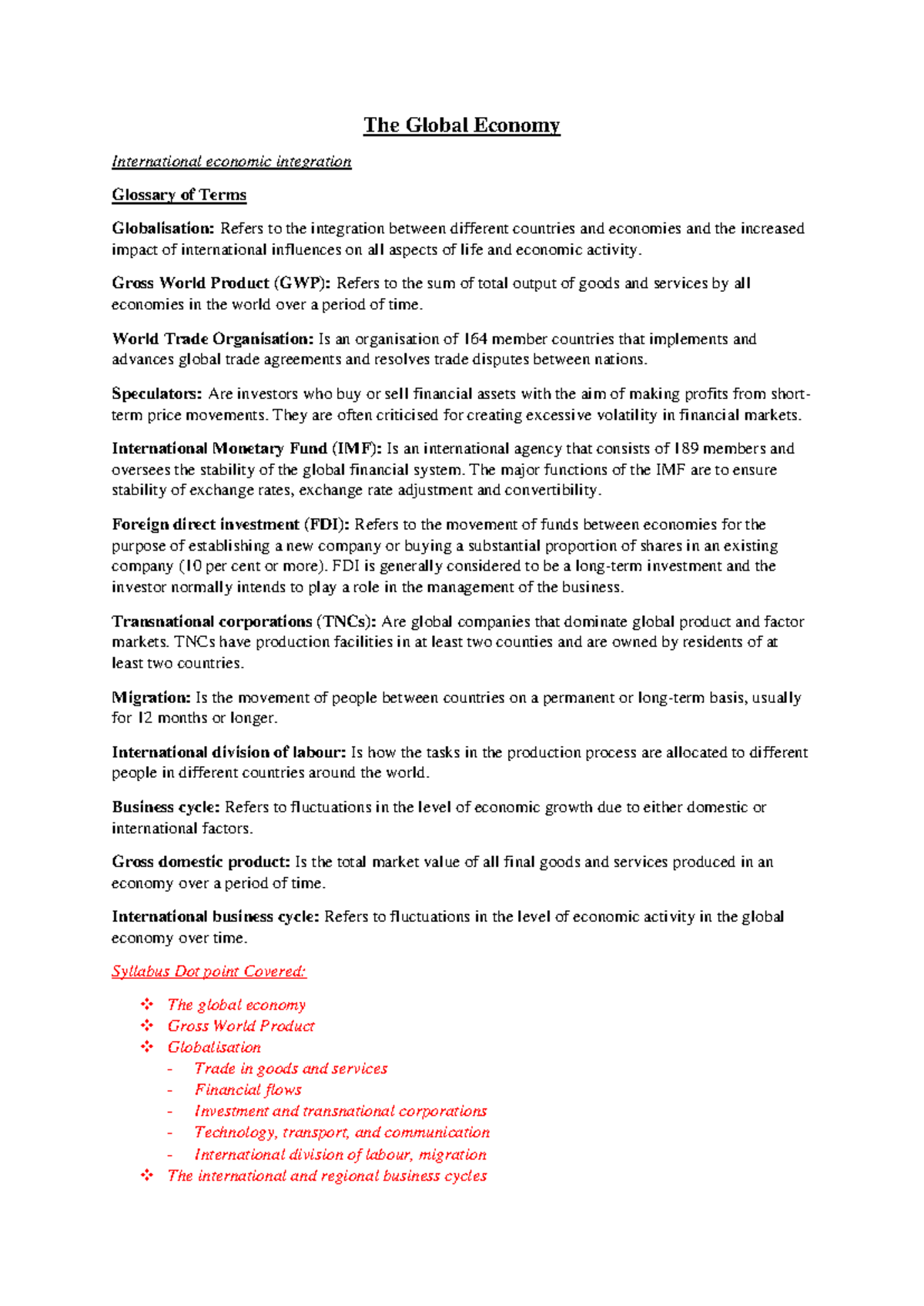 HSC Economics Notes Topic One – The Global Economy - The Global Economy ...
