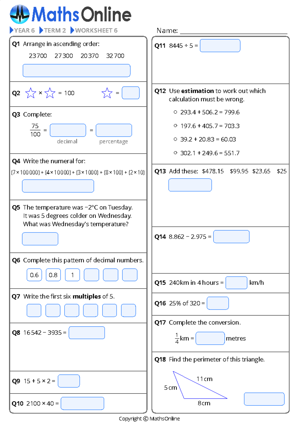 Year 6 Term 2 Week 6 Maths Worksheet - Ascending Order & More - Studocu