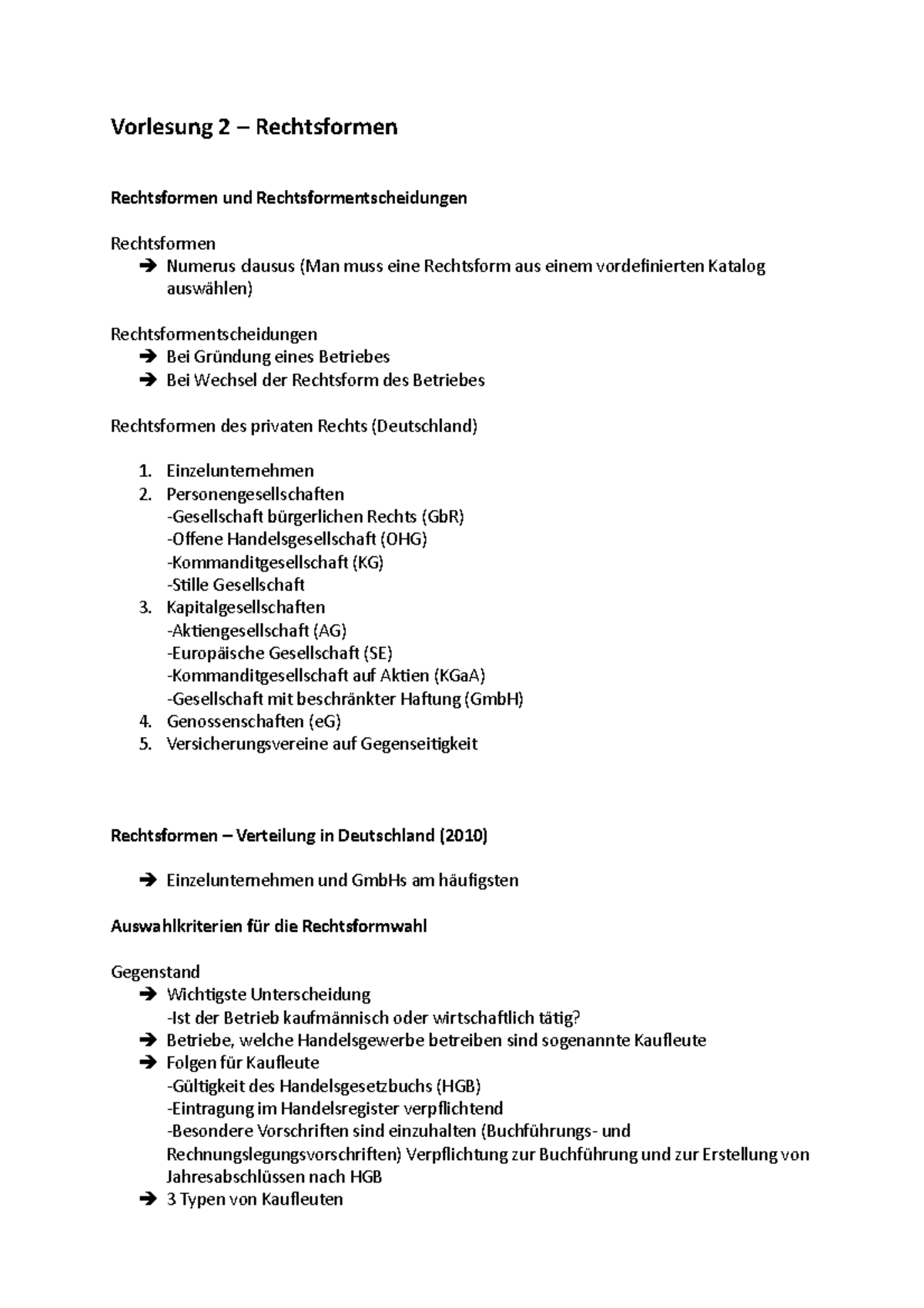 Vorlesung 2 - Rechtsformen im Deutschen Rechtssystem - Studocu