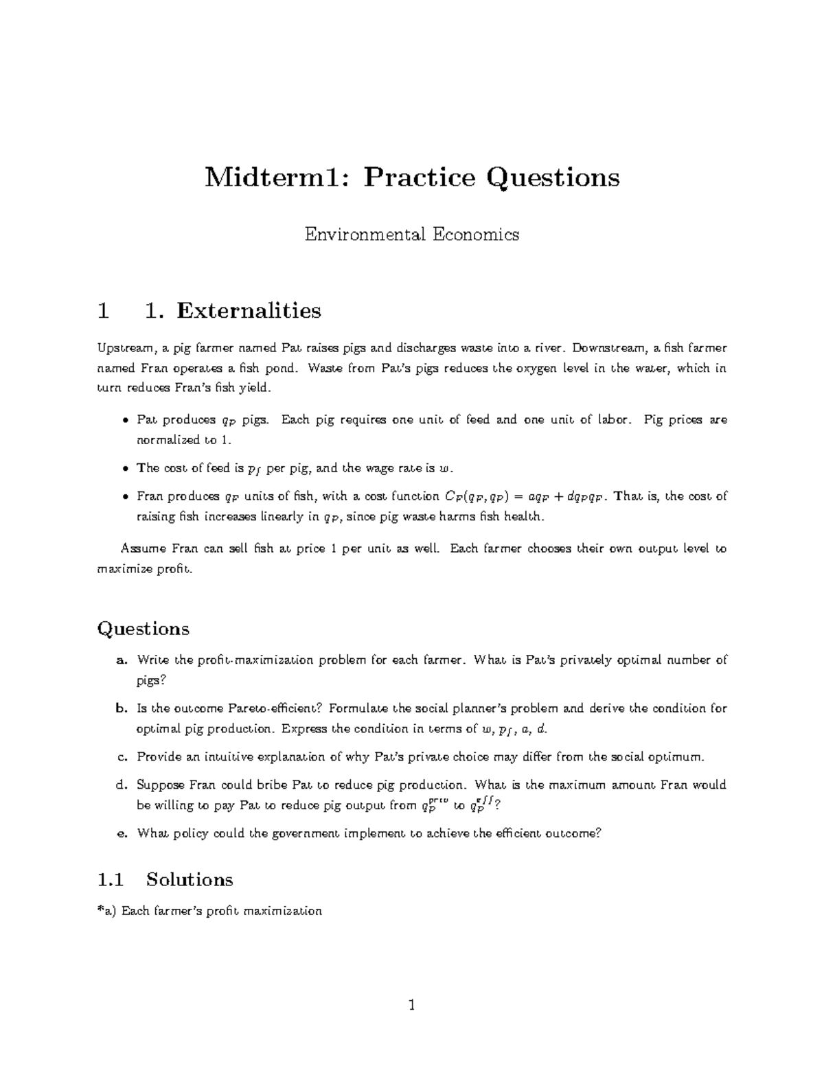 Midterm 1: Practice Questions in Environmental Economics (ECON 1) - Studocu