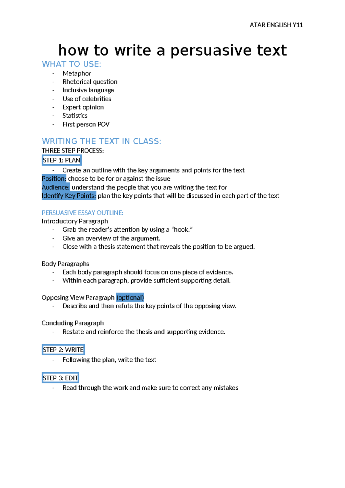 ATAR ENGLISH Y: Guide to Writing a Persuasive Text - Studocu