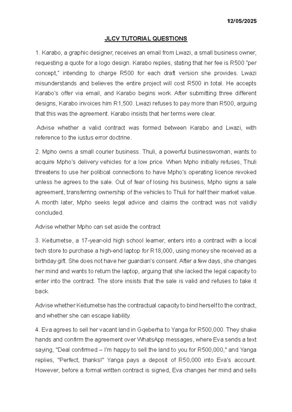 JLCV Chapter 5 Tutorial Questions on Contract Law Issues - Studocu