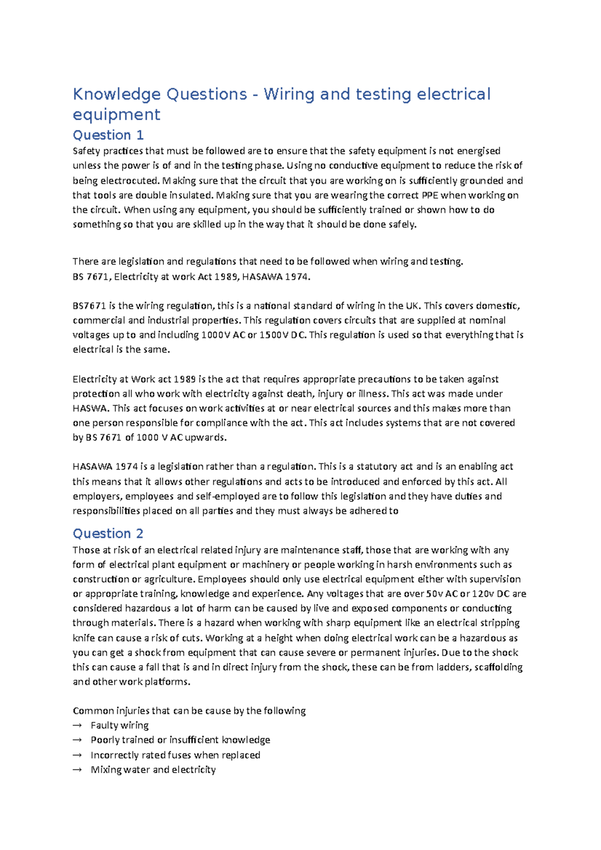 Knowledge Questions - Wiring & Testing Electrical Equipment (Unit 10 ...
