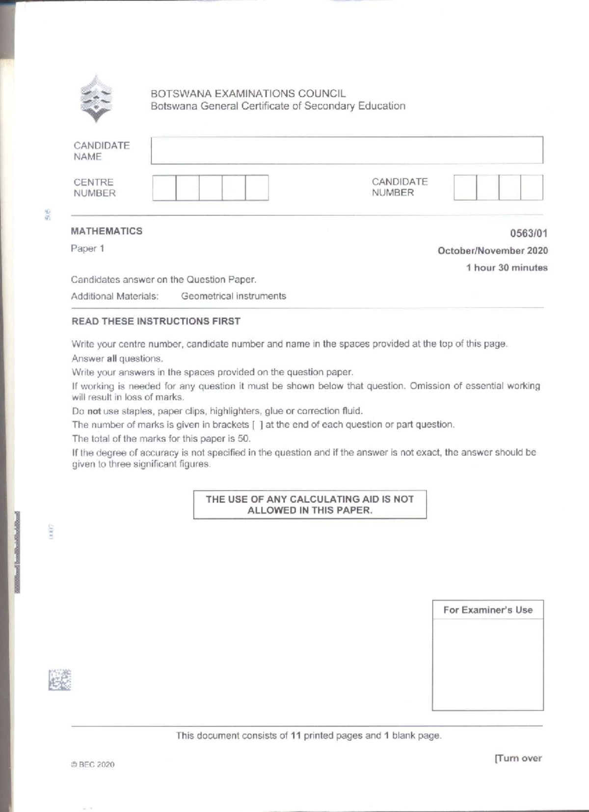 PP1 - BGCSE Mathematics Paper 1 Practice Exam 2020 - Studocu