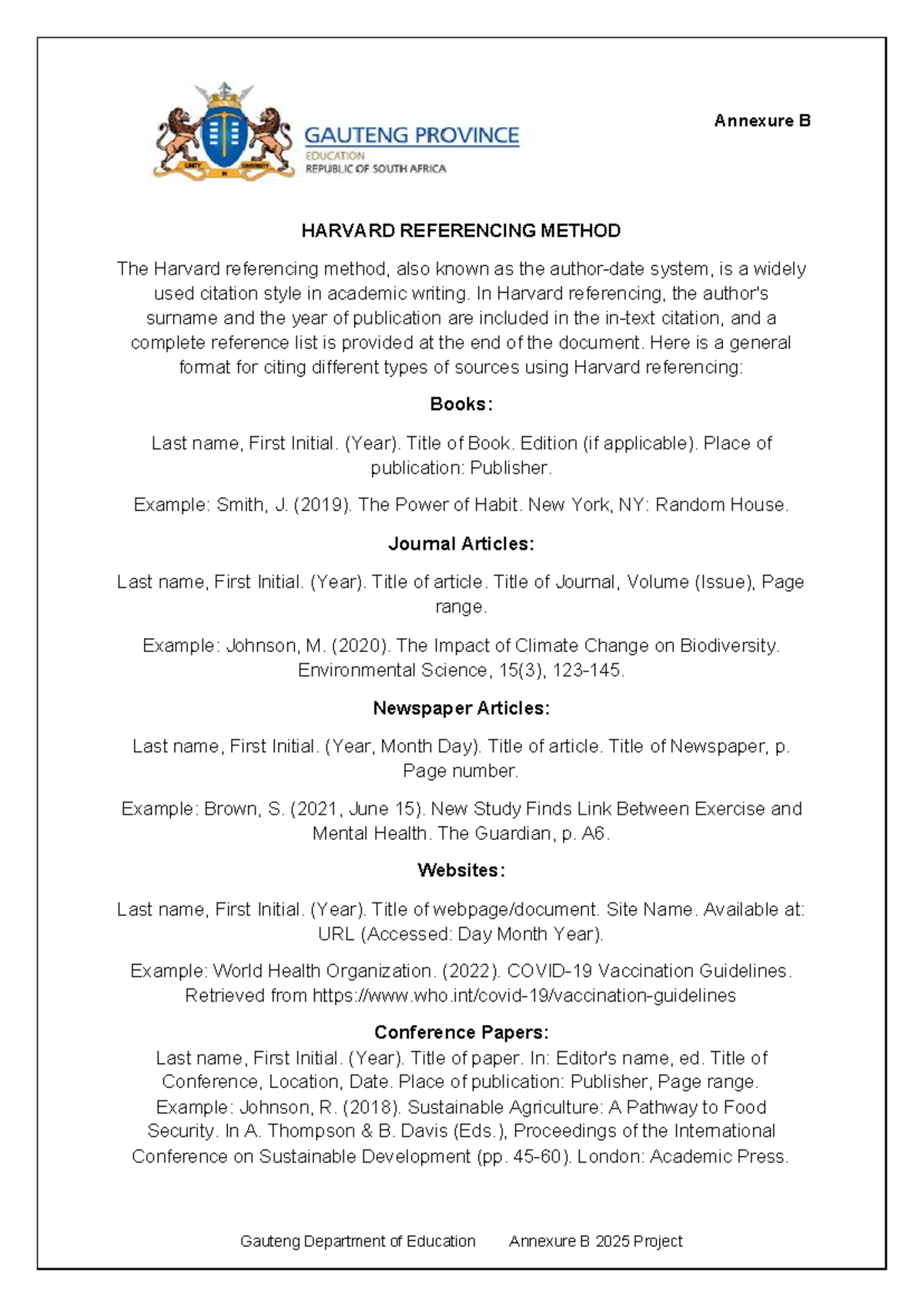 Annexure B: Harvard Referencing Method for Project 2025 - Studocu
