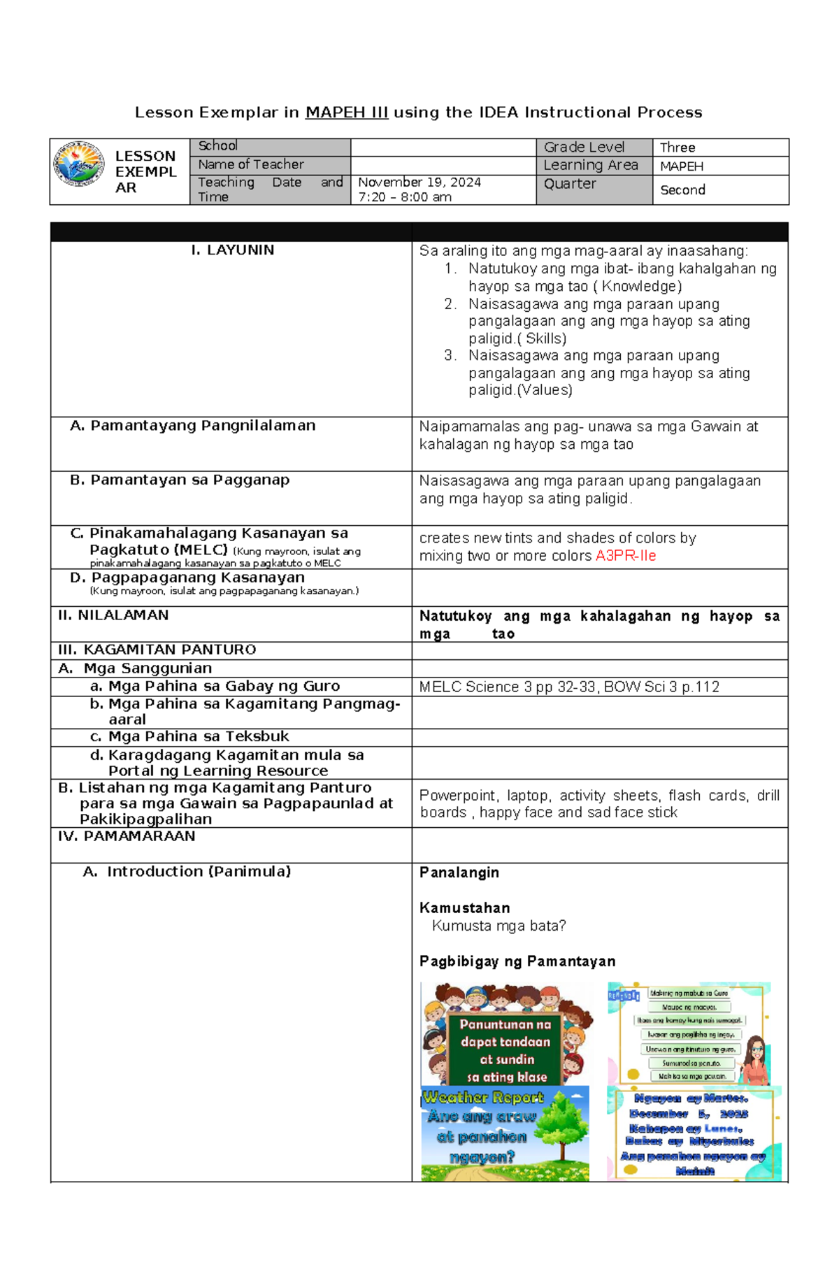 Lesson Exemplar in MAPEH (Grade 3) - Importance of Animals - Studocu