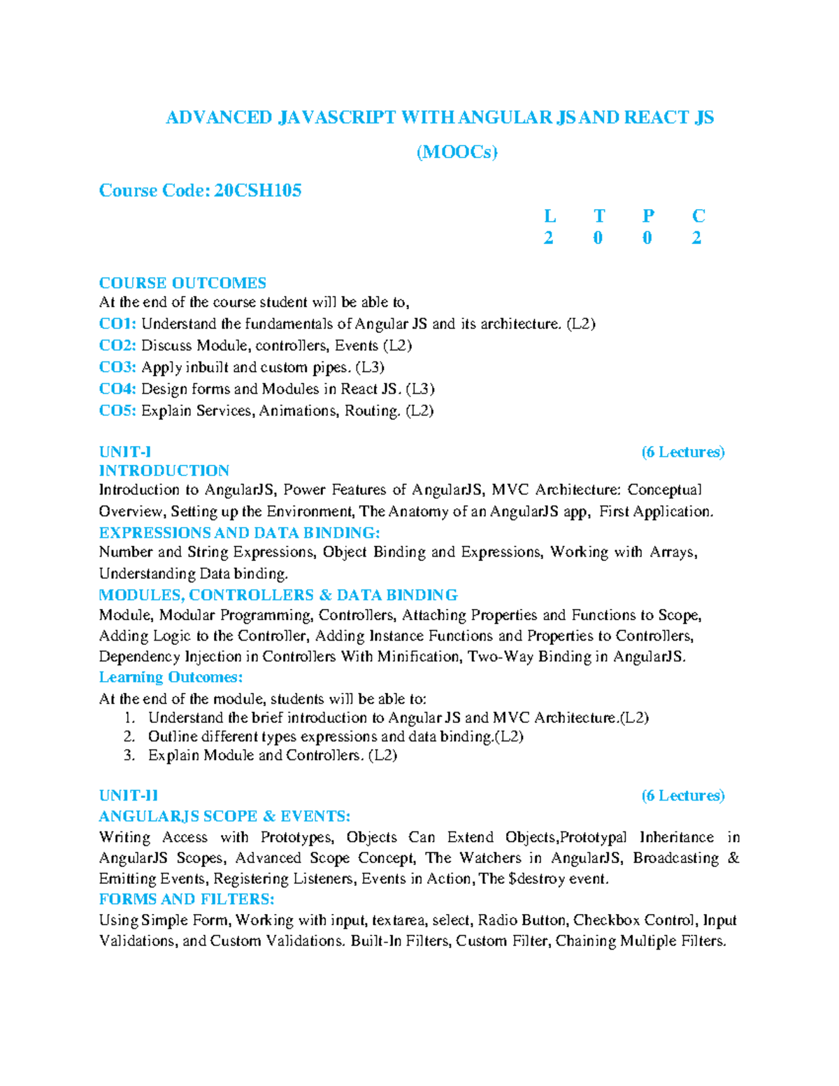 20CSH105 - Advanced JavaScript: AngularJS & ReactJS Overview - Studocu
