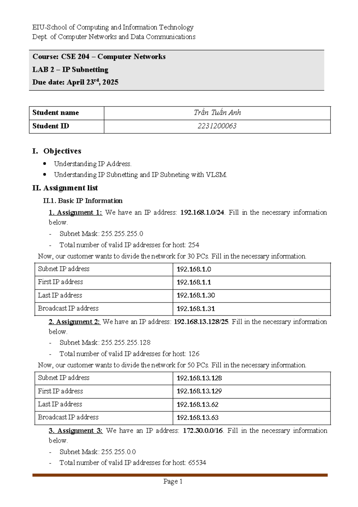 CSE 204 Computer Networks LAB 2: IP Subnetting Assignments - Studocu