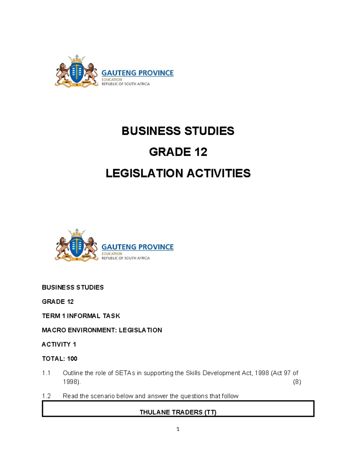 Grade 12 Business Studies: Term 1 Activities on Legislation - Studocu