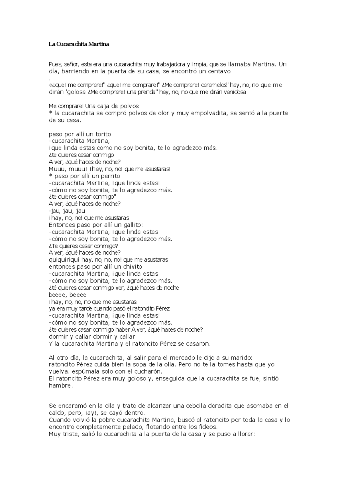 Cuento Infantil: La Cucarachita Martina y el Ratón Pérez - Studocu