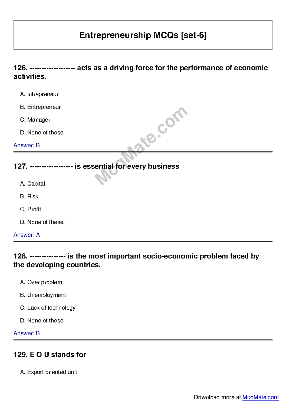Entrepreneurship MCQs Set-6 - Practice Questions & Answers - Studocu