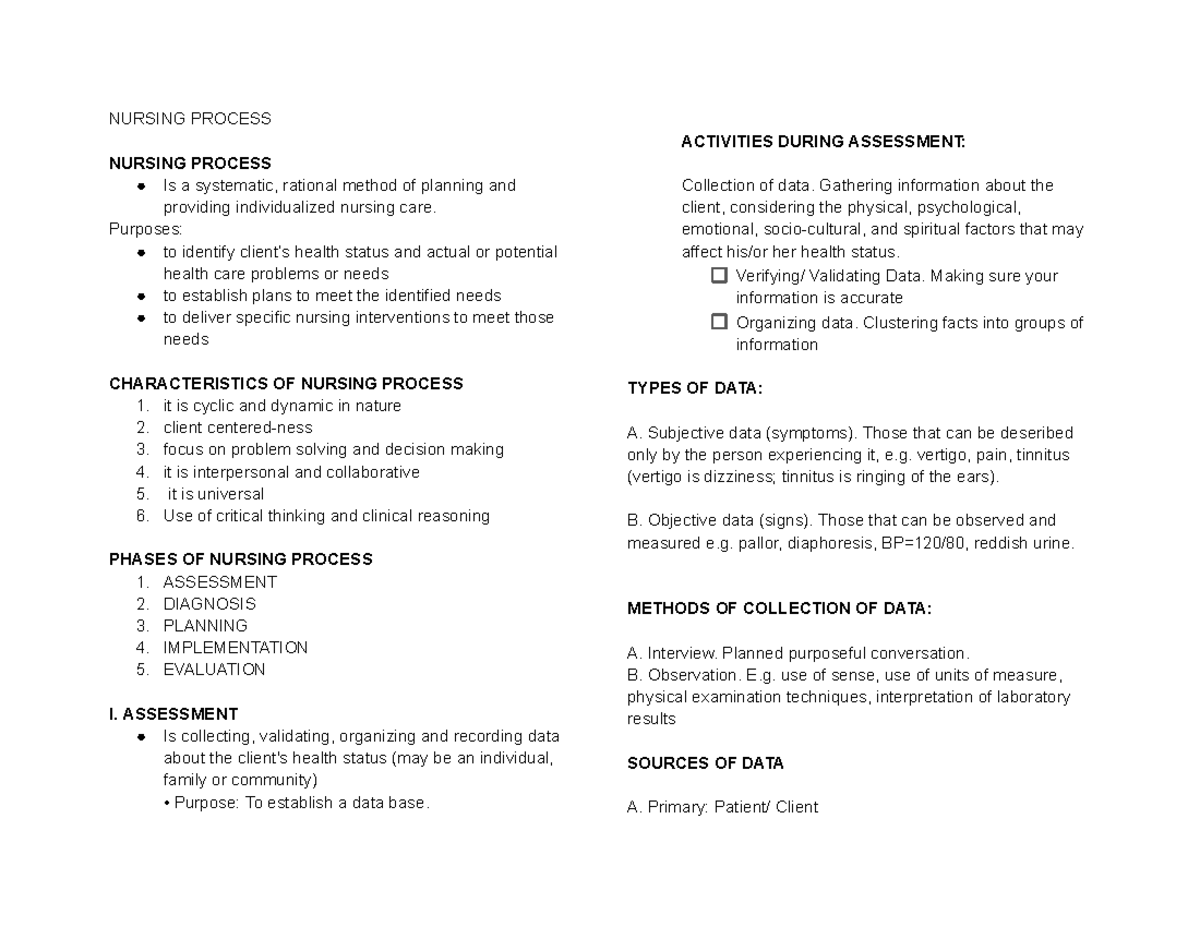 Nursing Process Overview: Key Phases and Characteristics (LEC) - Studocu