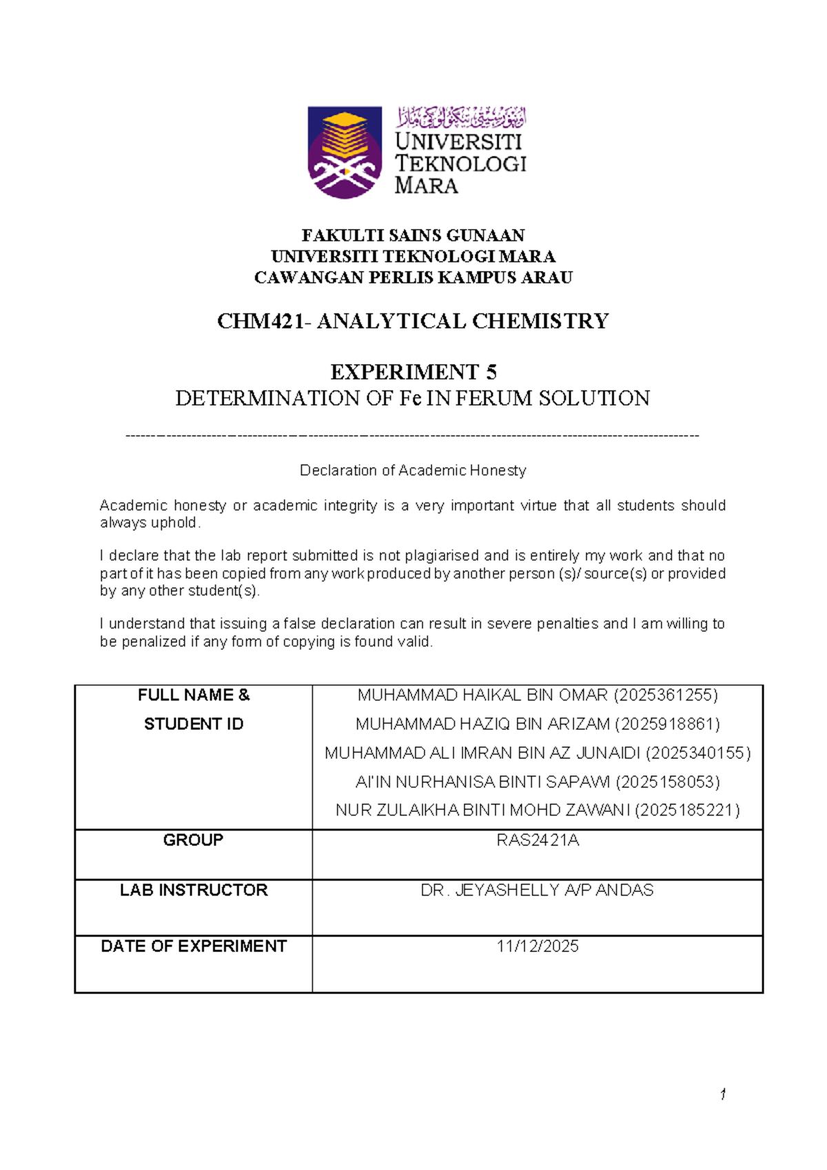 CHM421 Analytical Chemistry Experiment 5: Determining Fe in Ferum ...