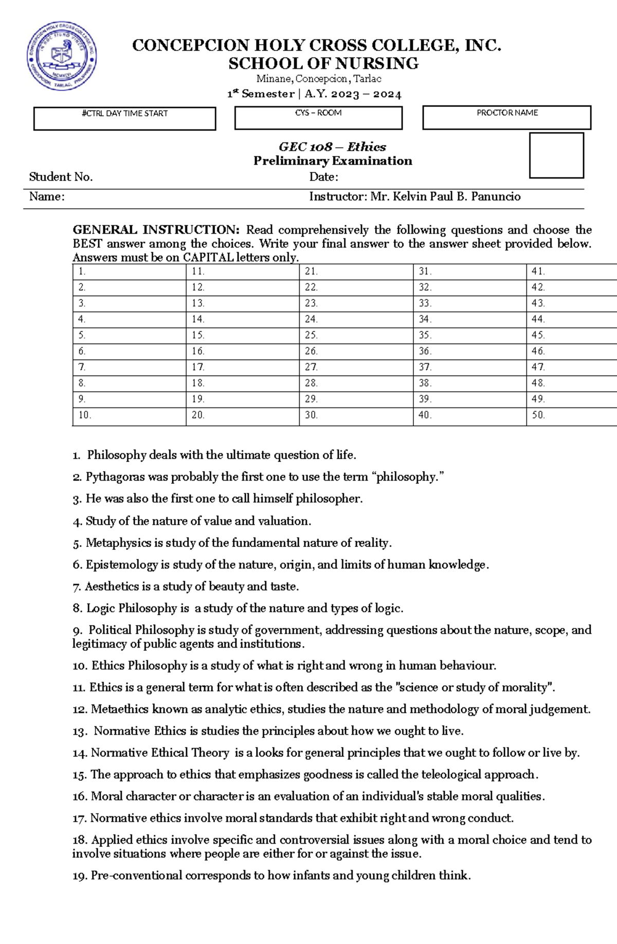 GEC 108 - Preliminary Exam on Ethics - A.Y. 2023-2024 - Studocu