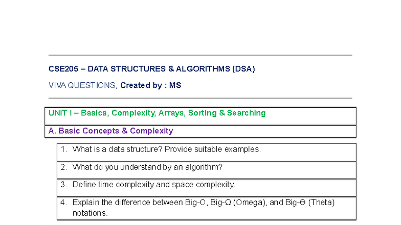 CSE205 DATA STRUCTURES & ALGORITHMS VIVA QUESTIONS - UNIT I-IV - Studocu