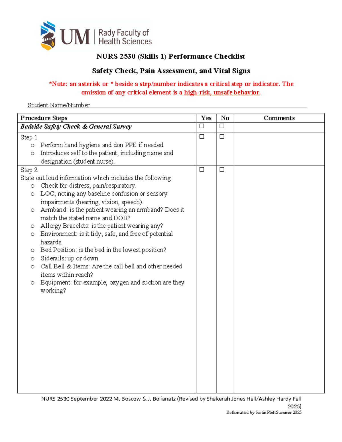 NURS 2530 (Skills 1) Performance Checklist: Vital Signs & Pain ...