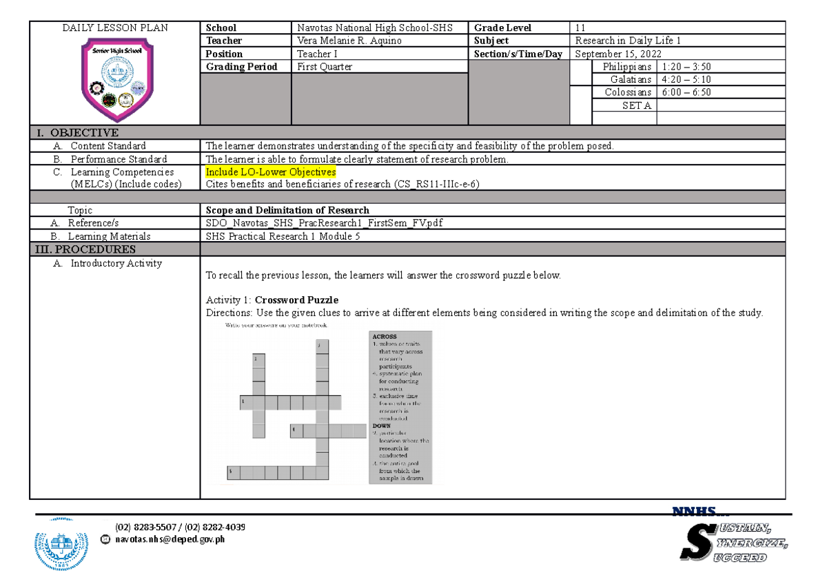 Lesson Plan for Scope and Delimitation in Research (SHS 11) - Studocu