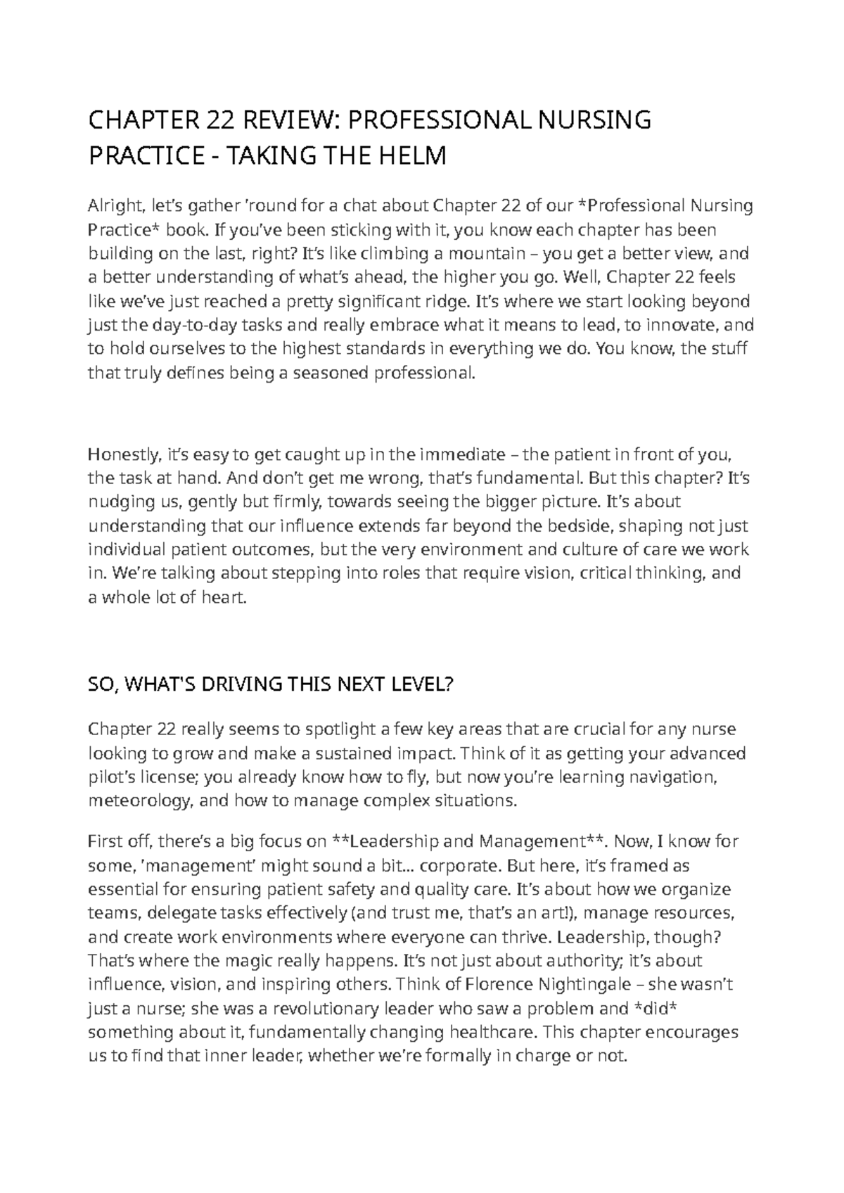 CHAPTER 22 REVIEW: PROFESSIONAL NURSING PRACTICE INSIGHTS - Studocu