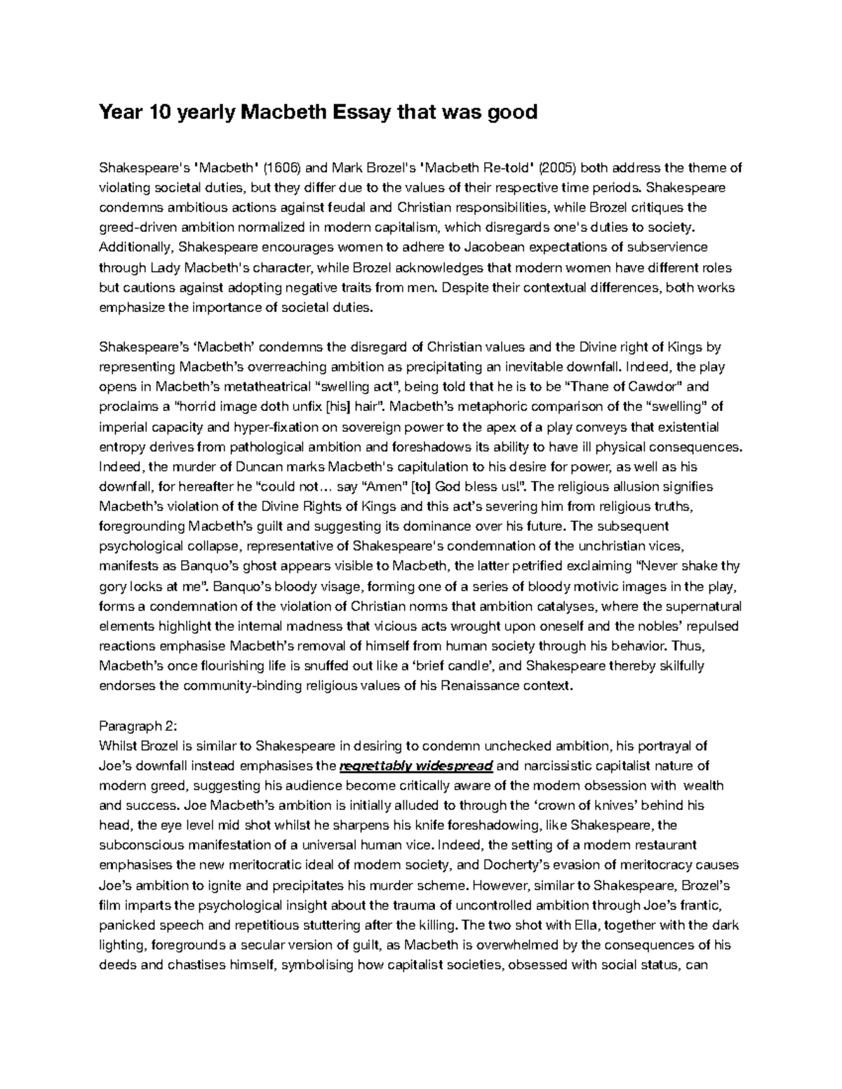 Year 10 Macbeth Essay: Societal Duties in Shakespeare & Brozel - Studocu