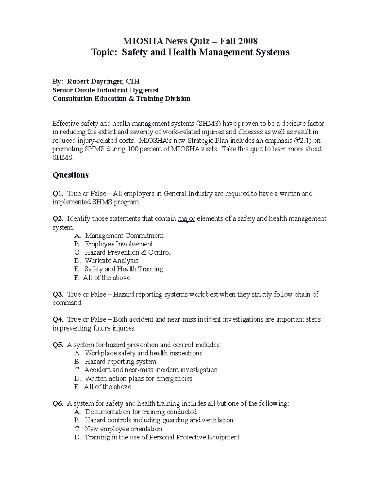 Occupational Health Hazard Quiz: Safety & Health Management Systems ...